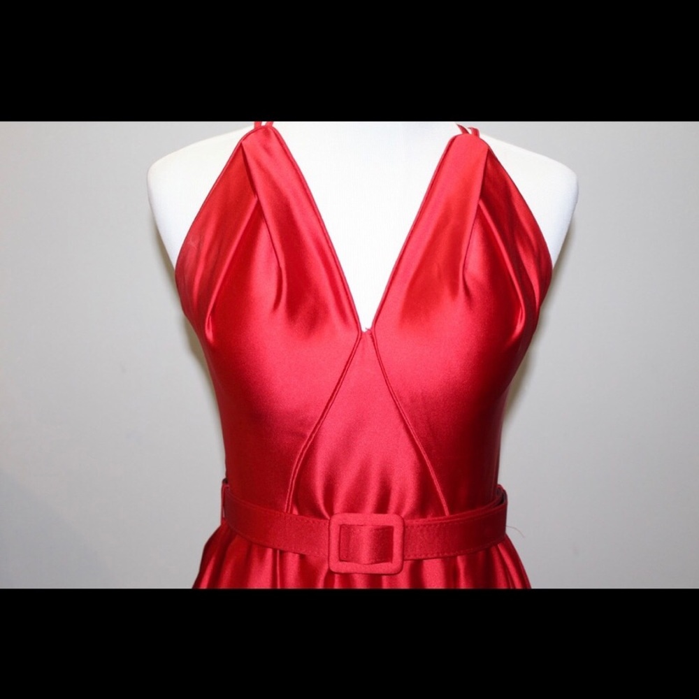 Fitted Red Satin Dress With Attached Overskirt - Gem